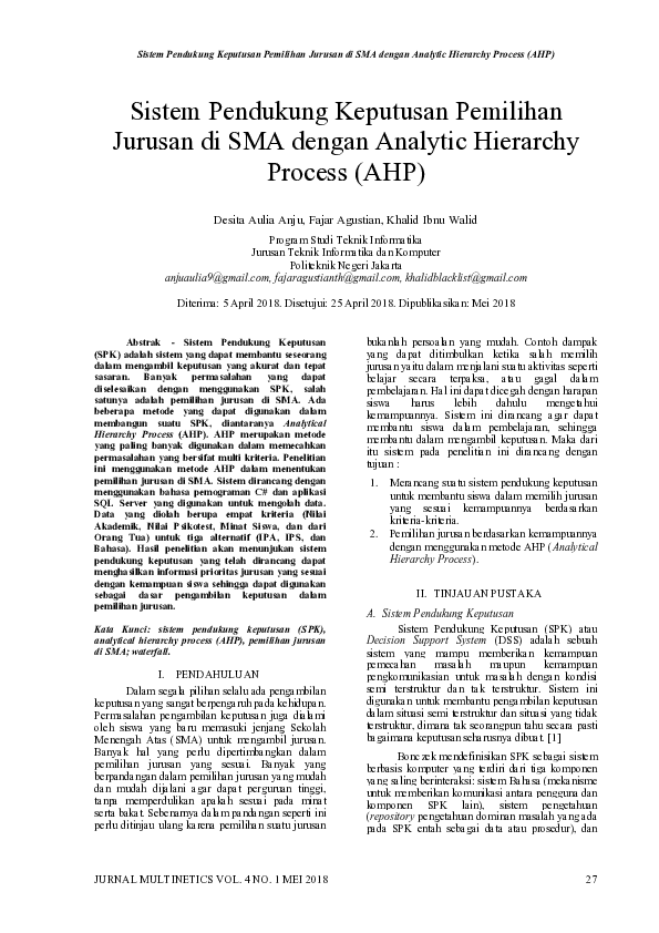 (PDF) Sistem Pendukung Keputusan Pemilihan Jurusan di SMA dengan Analytic Hierarchy Process (AHP)