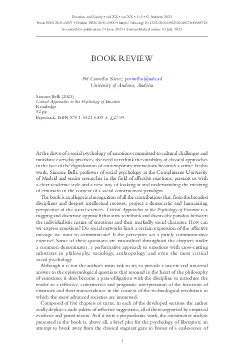 (PDF) Book review of "Critical Approaches to the Psychology of Emotion ...