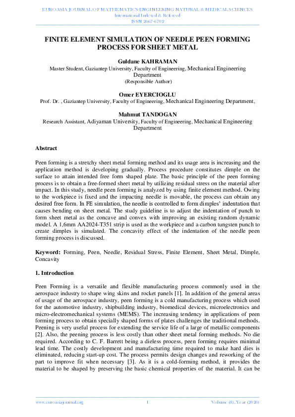 Pdf Finite Element Simulation Of Needle Peen Forming Process For