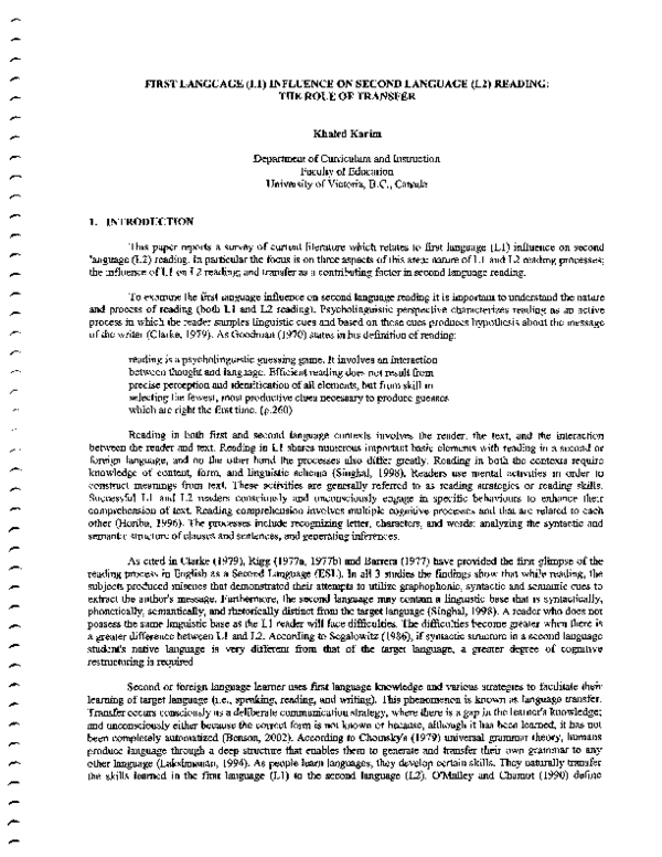 (PDF) First Language (L1) Influence on Second Language (L2) Reading ...
