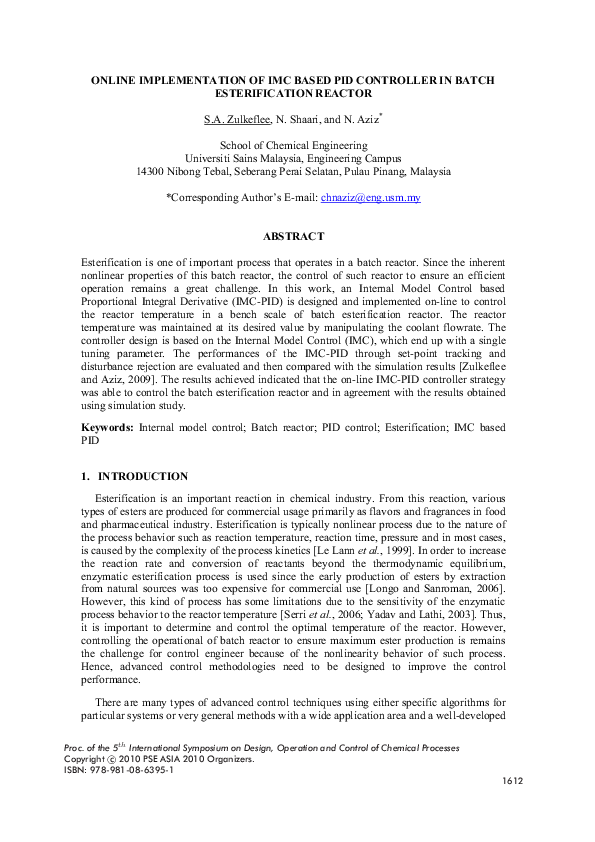 (PDF) Online Implementation Of Imc Based Pid Controller In Batch Esterification Reactor