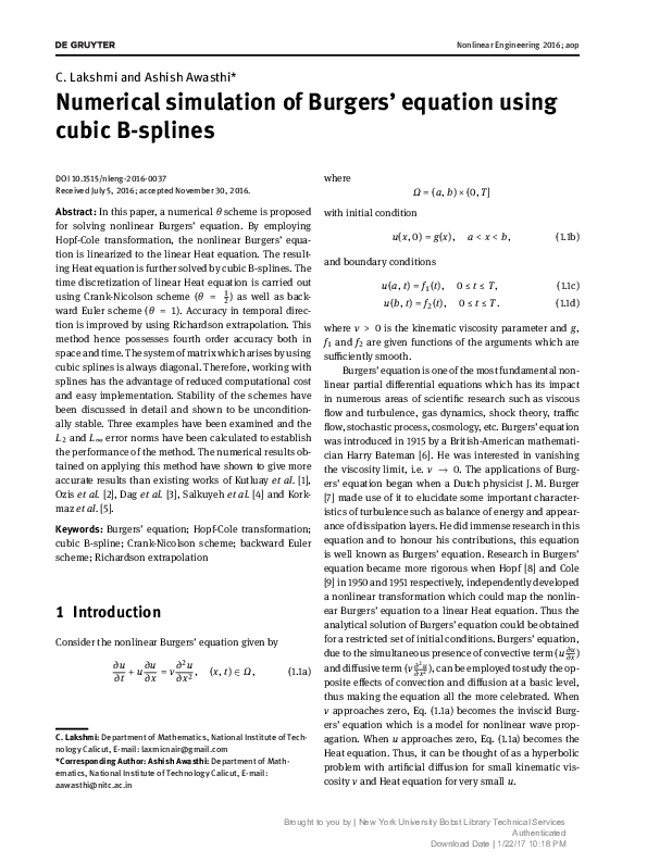 (PDF) Numerical simulation of Burgers’ equation using cubic B-splines