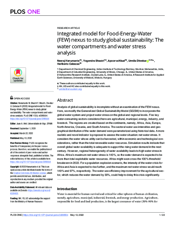 (PDF) Integrated model for Food-Energy-Water (FEW) nexus to study ...