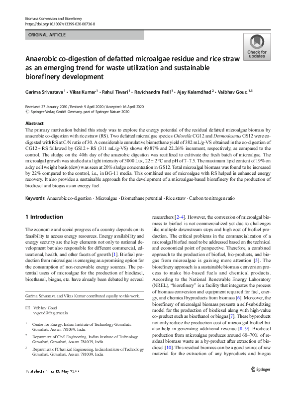 (PDF) Anaerobic co-digestion of defatted microalgae residue and rice ...