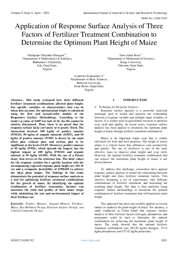 (PDF) Application of Response Surface Analysis of Three Factors of Fertilizer Treatment ...