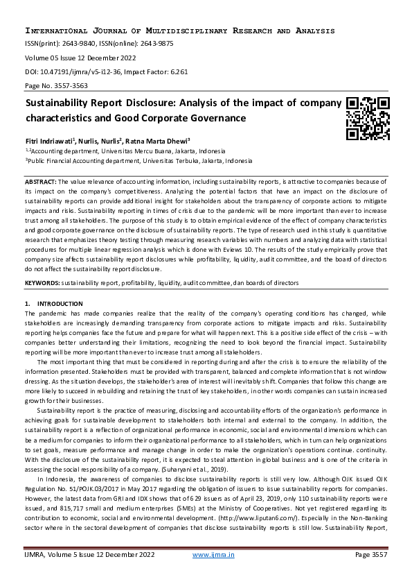 (PDF) Sustainability Report Disclosure: Analysis of the impact of company characteristics and ...