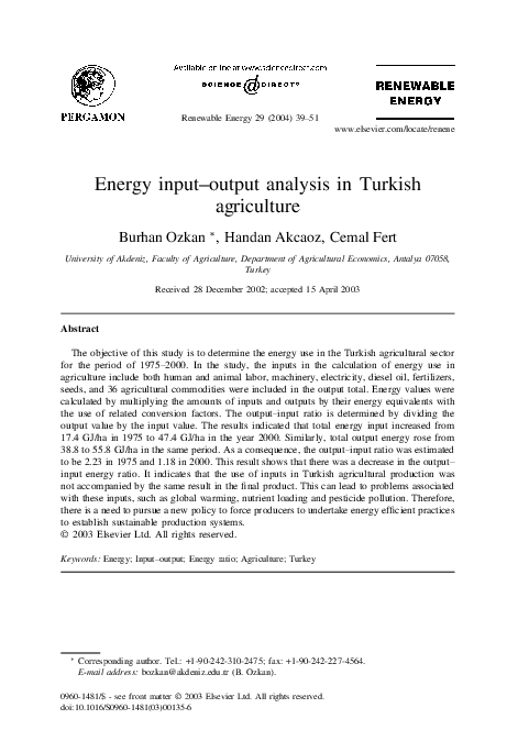 Pdf Energy Inputoutput Analysis In Turkish Agriculture 