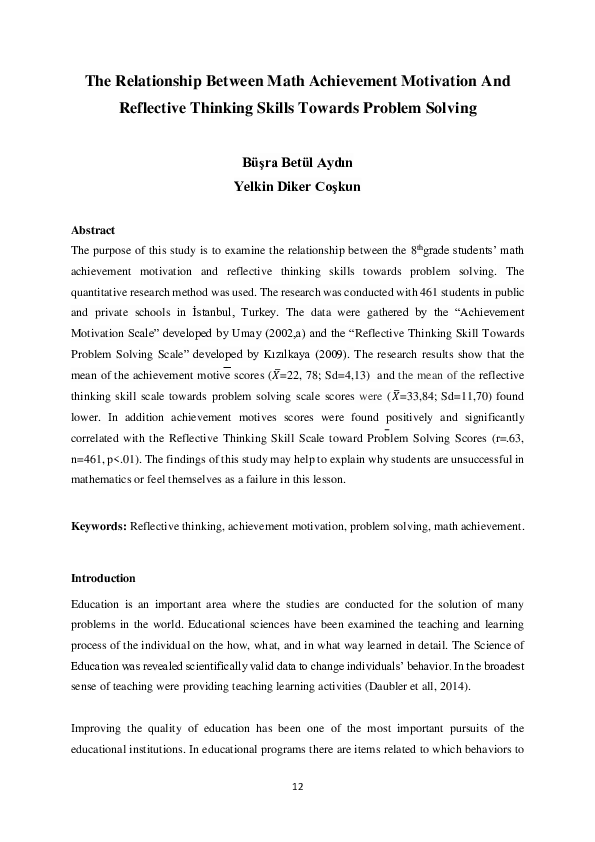 (PDF) The Relationship Between Math Achievement Motivation And Reflective Thinking Skills ...
