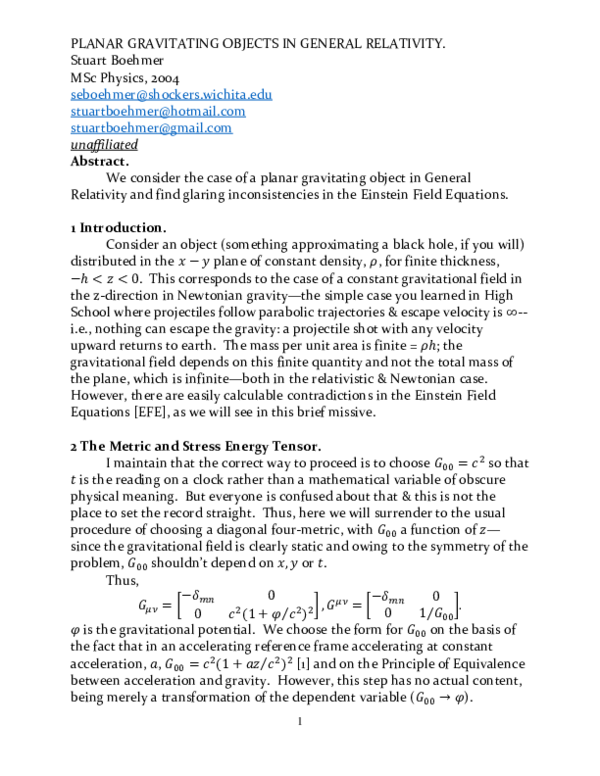 (PDF) PLANAR GRAVITATING OBJECTS IN GENERAL RELATIVITY