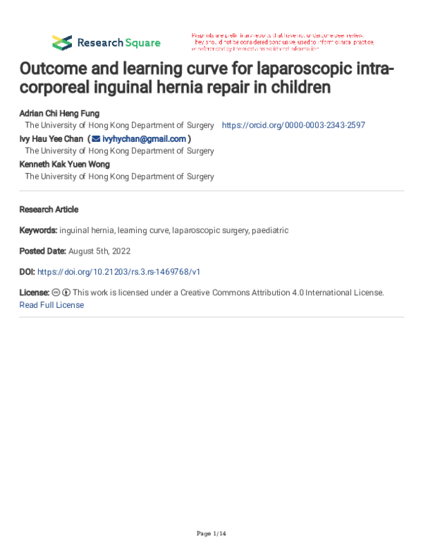 (PDF) Outcome and learning curve for laparoscopic intra-corporeal inguinal hernia repair in children