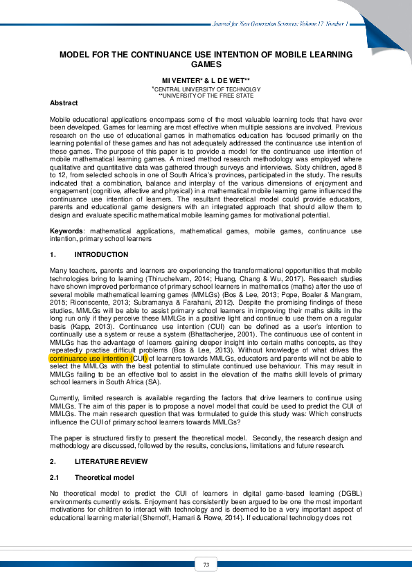 (PDF) Model For The Continuance Use Intention Of Mobile Learning Games