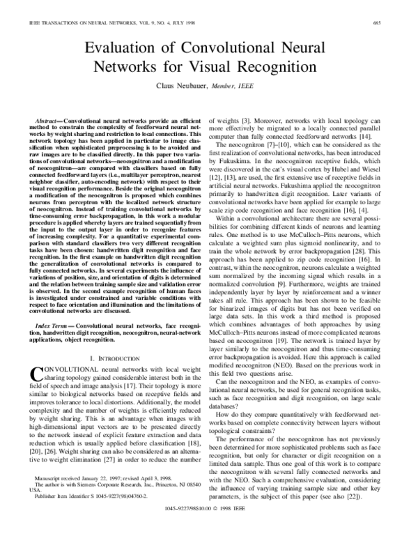 Pdf Evaluation Of Convolutional Neural Networks For Visual Recognition