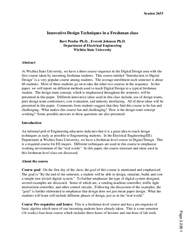 (PDF) Innovative Design Techniques In A Freshman Class