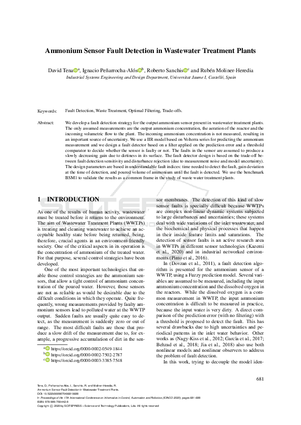 (PDF) Ammonium Sensor Fault Detection in Wastewater Treatment Plants