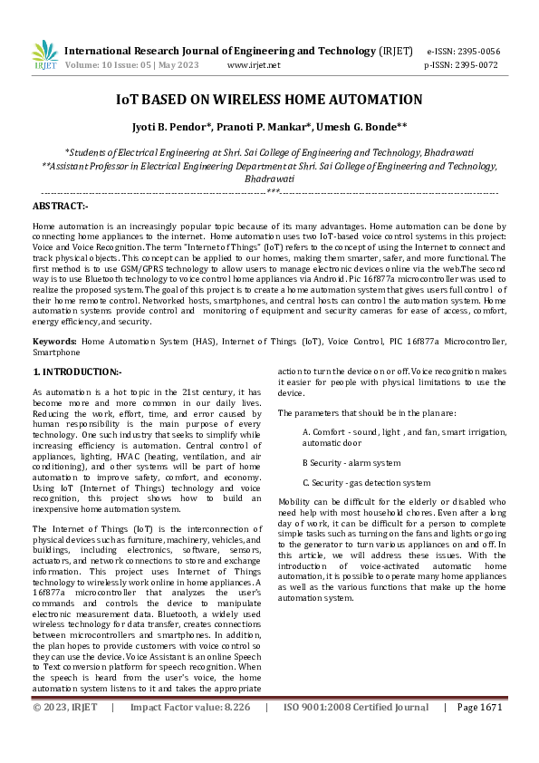 Pdf Iot Based On Wireless Home Automation