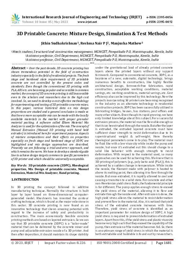(PDF) 3D Printable Concrete: Mixture Design, Simulation & Test Methods