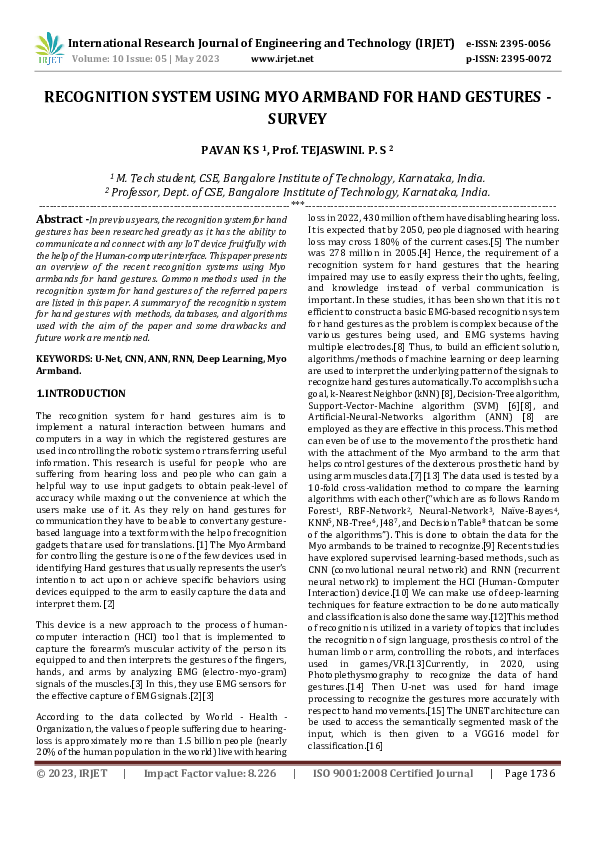 (PDF) RECOGNITION SYSTEM USING MYO ARMBAND FOR HAND GESTURES -SURVEY