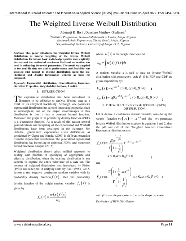 Pdf The Weighted Inverse Weibull Distribution Damilare Oladimeji