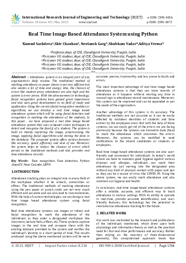 (PDF) Real Time Image Based Attendance System using Python