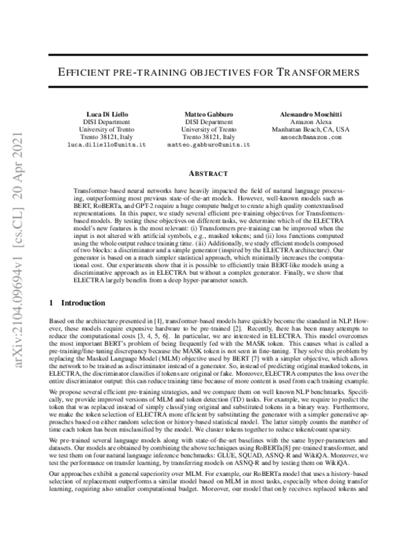 (PDF) Efficient pre-training objectives for Transformers