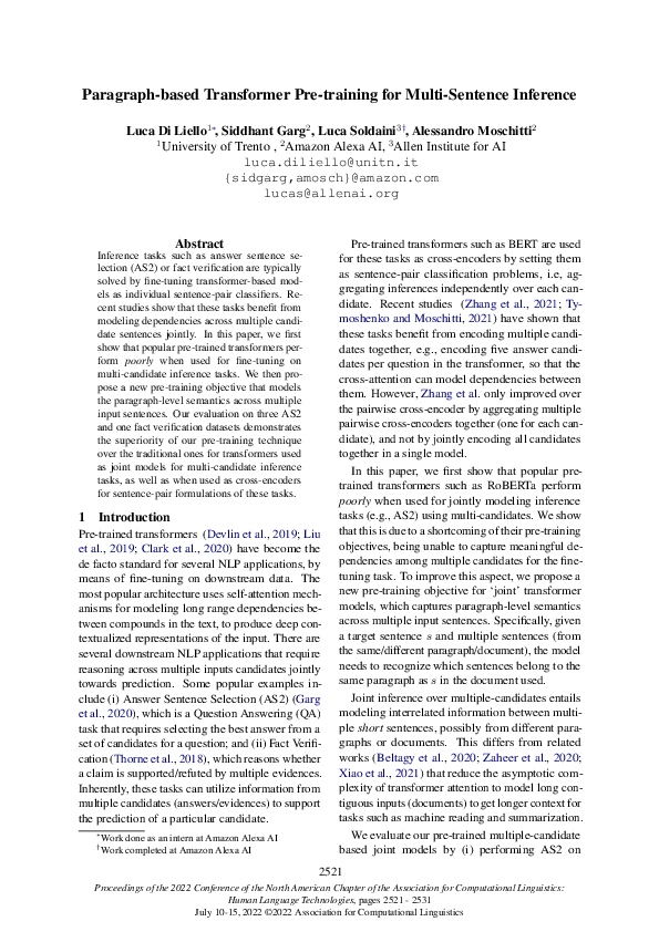 (PDF) Paragraph-based Transformer Pre-training for Multi-Sentence Inference