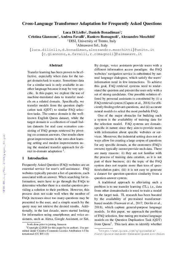 (PDF) Cross-Language Transformer Adaptation for Frequently Asked Questions