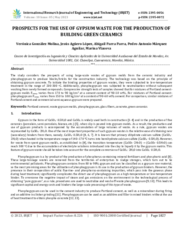 (PDF) PROSPECTS FOR THE USE OF GYPSUM WASTE FOR THE PRODUCTION OF ...