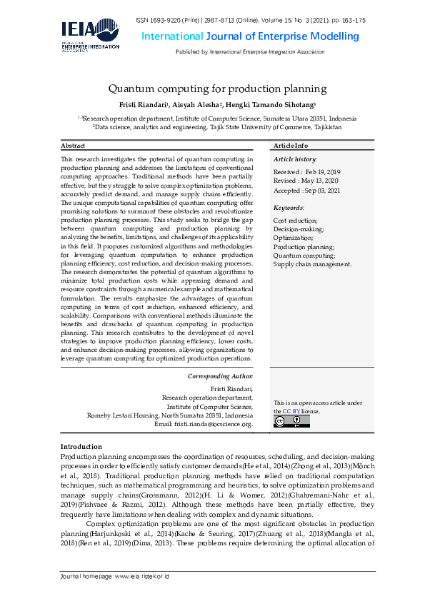 (PDF) Quantum computing for production planning