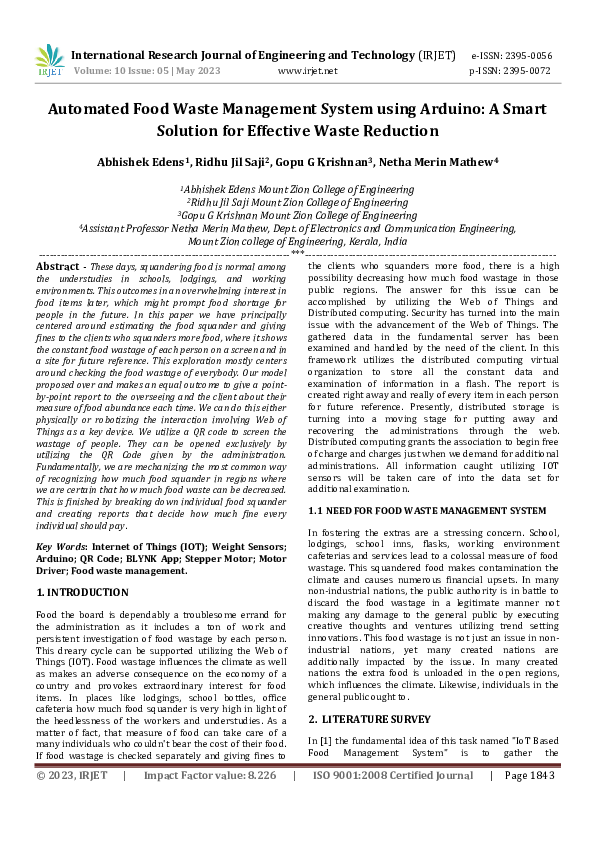 (PDF) Automated Food Waste Management System using Arduino: A Smart ...