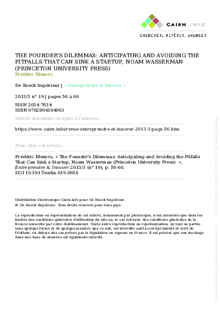 (PDF) The Founder's Dilemmas: Anticipating and Avoiding the Pitfalls ...