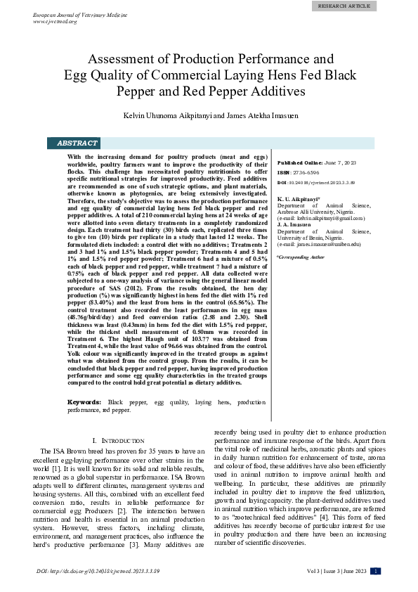 (PDF) Assessment of Production Performance and Egg Quality of ...