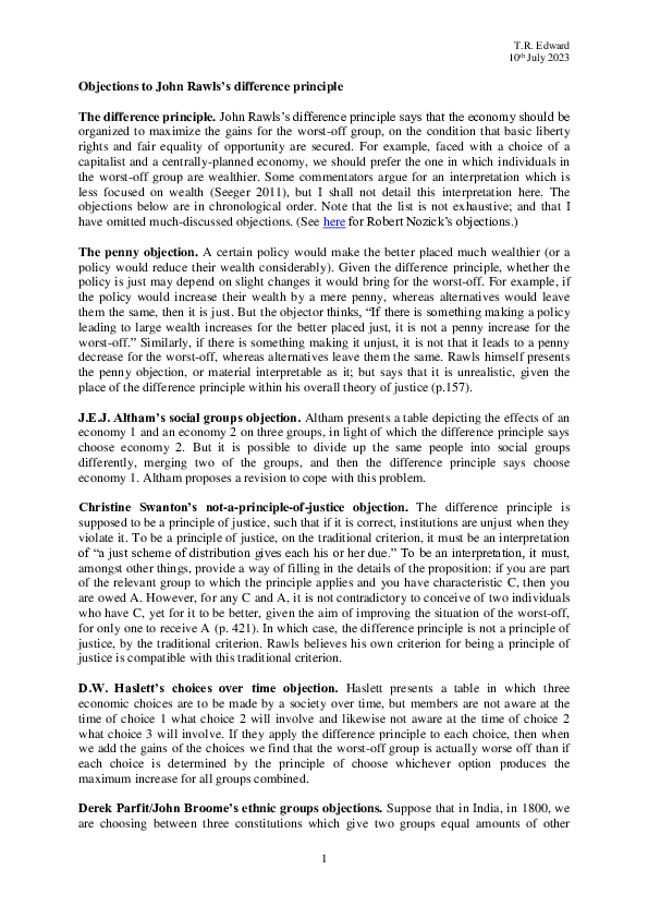 (PDF) Objections to John Rawls's difference principle