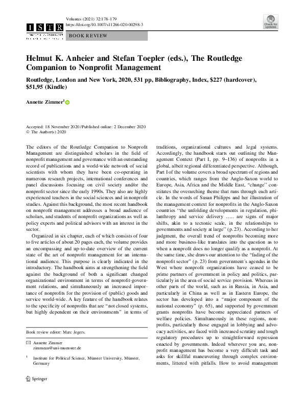 (PDF) Helmut K. Anheier and Stefan Toepler (eds.), The Routledge ...