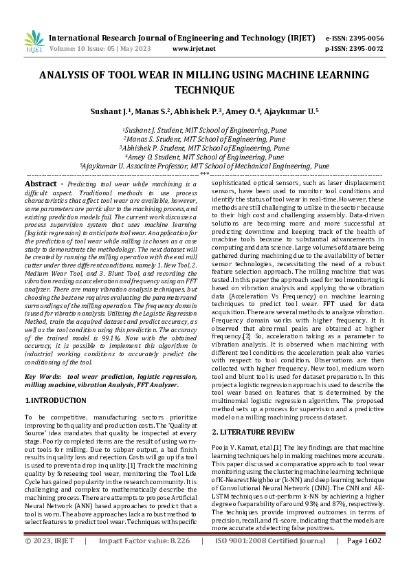 (PDF) ANALYSIS OF TOOL WEAR IN MILLING USING MACHINE LEARNING TECHNIQUE (PDF) ANALYSIS OF TOOL WEAR IN MILLING USING MACHINE LEARNING TECHNIQUE