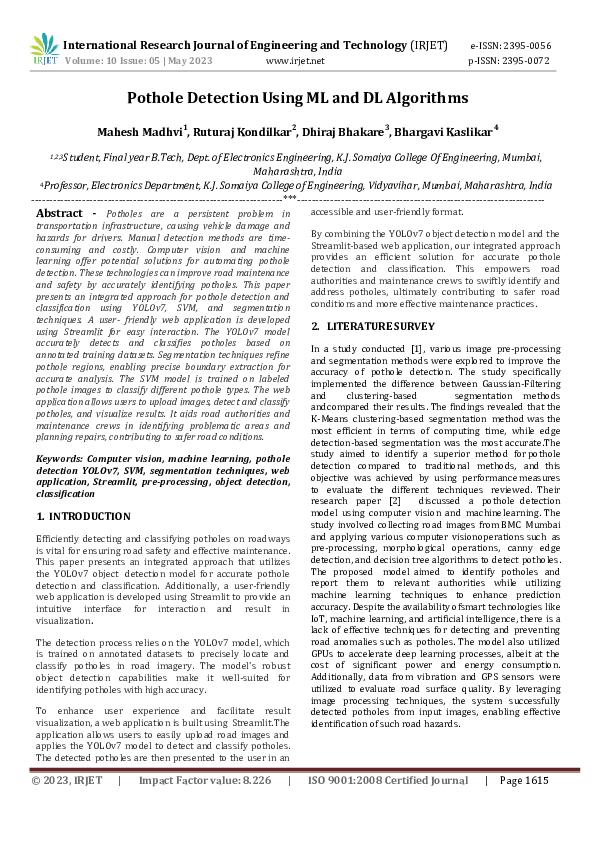 (PDF) Pothole Detection Using ML and DL Algorithms (PDF) Pothole Detection Using ML and DL Algorithms