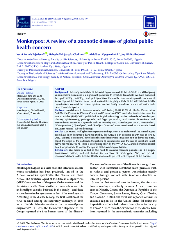 (PDF) Monkeypox: A review of a zoonotic disease of global public health ...