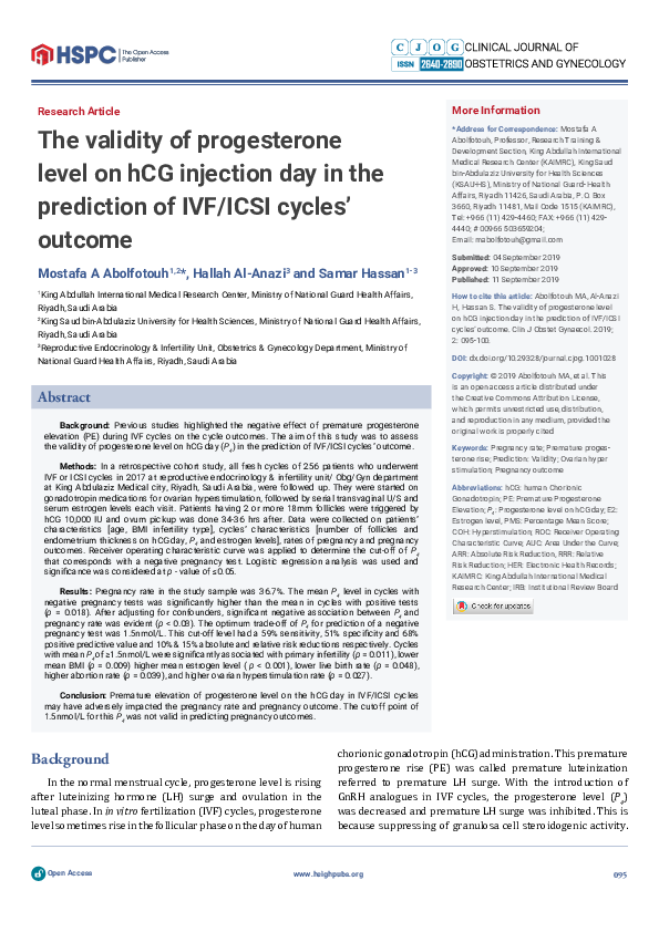 (PDF) The validity of progesterone level on hCG injection day in the ...