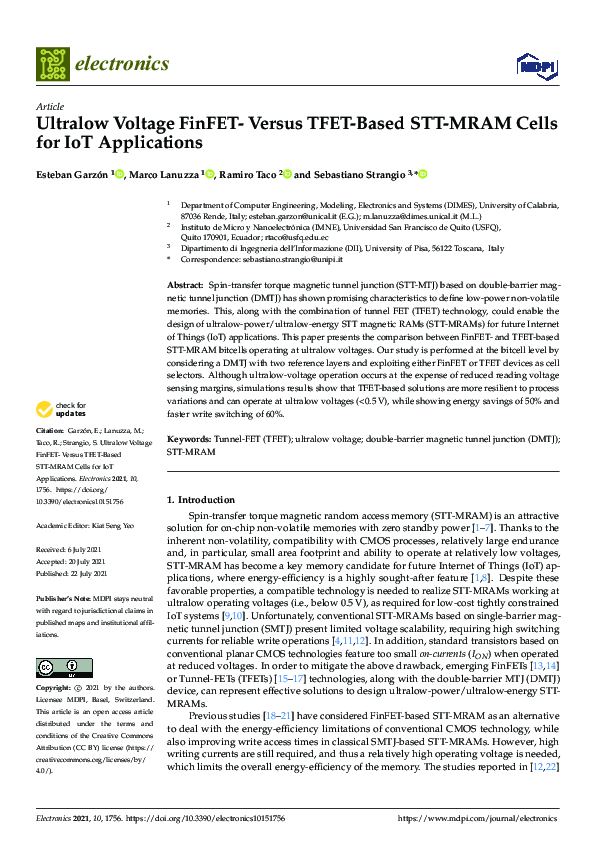 (PDF) FinFET vs TFET STT-MRAM for IoT at Low Voltage