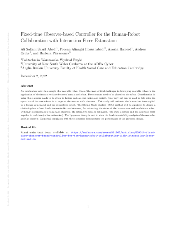 Pdf Fixed Time Observer Based Controller For The Human Robot Collaboration With Interaction