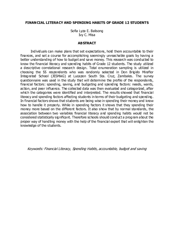 (PDF) FINANCIAL LITERACY AND SPENDING HABITS OF GRADE 12 STUDENTS