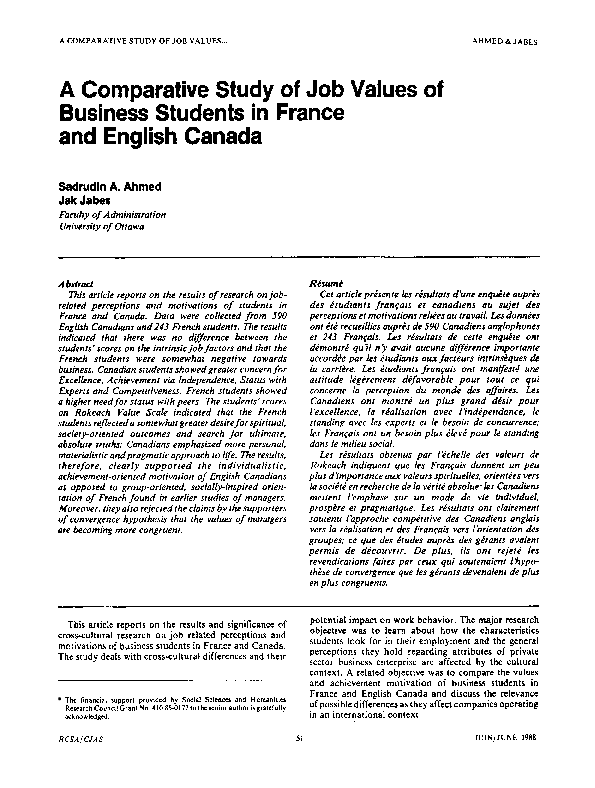(PDF) A Comparative Study of Job Values of Business Students in France ...