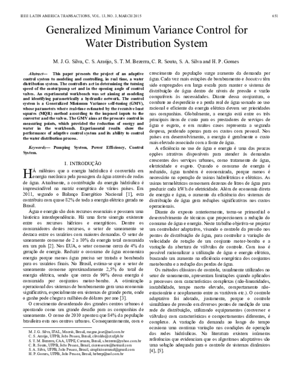 Pdf Generalized Minimum Variance Control For Water Distribution System