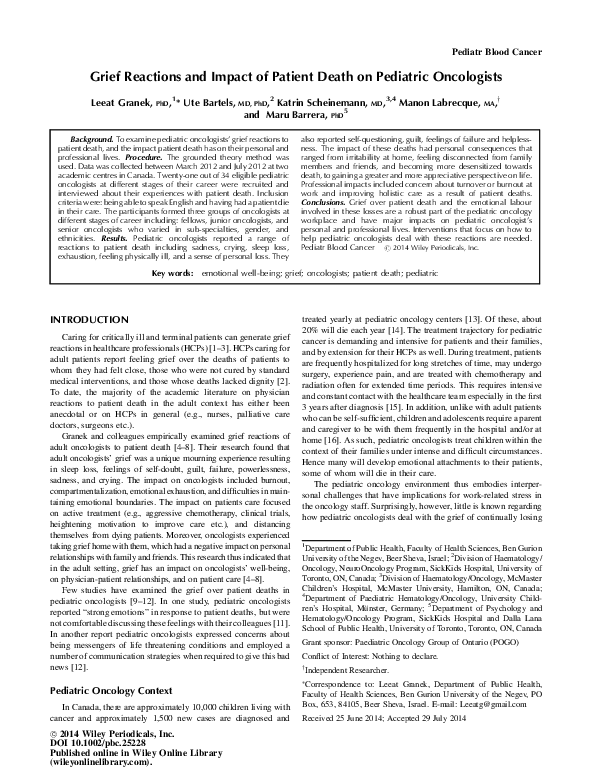 (PDF) Grief reactions and impact of patient death on pediatric oncologists