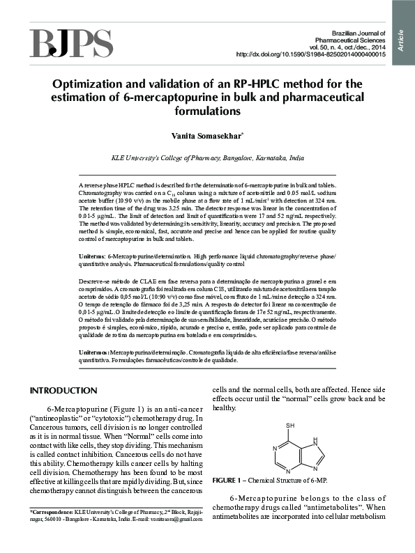 (PDF) Optimization and validation of an RP-HPLC method for the estimation of 6-mercaptopurine in ...