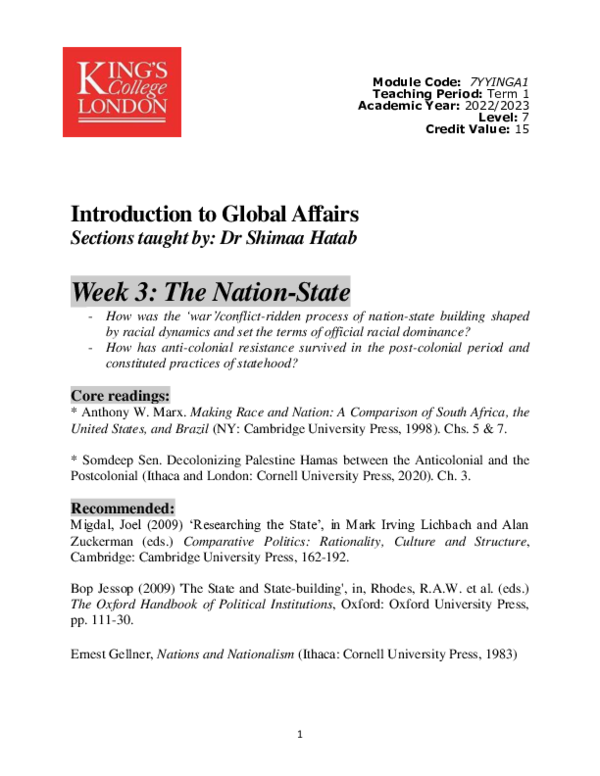 (PDF) 7YYINGA1 Introduction to Global Affairs