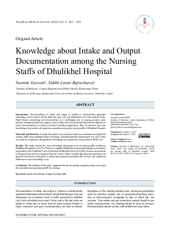 (PDF) Knowledge About Intake and Output Documentation among the Nursing Staffs of Dhulikhel Hospital