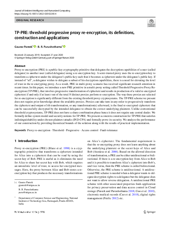 (PDF) TP-PRE: threshold progressive proxy re-encryption, its definitions, construction and ...