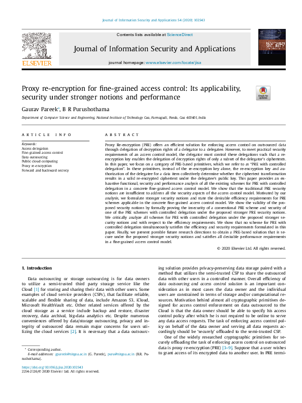 (PDF) Proxy re-encryption for fine-grained access control: Its applicability, security under ...