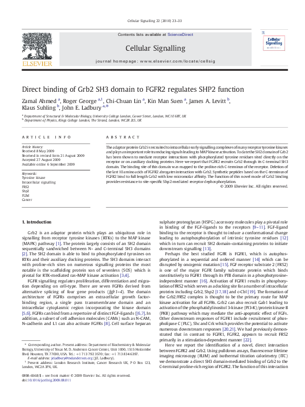 (PDF) Direct binding of Grb2 SH3 domain to FGFR2 regulates SHP2 function