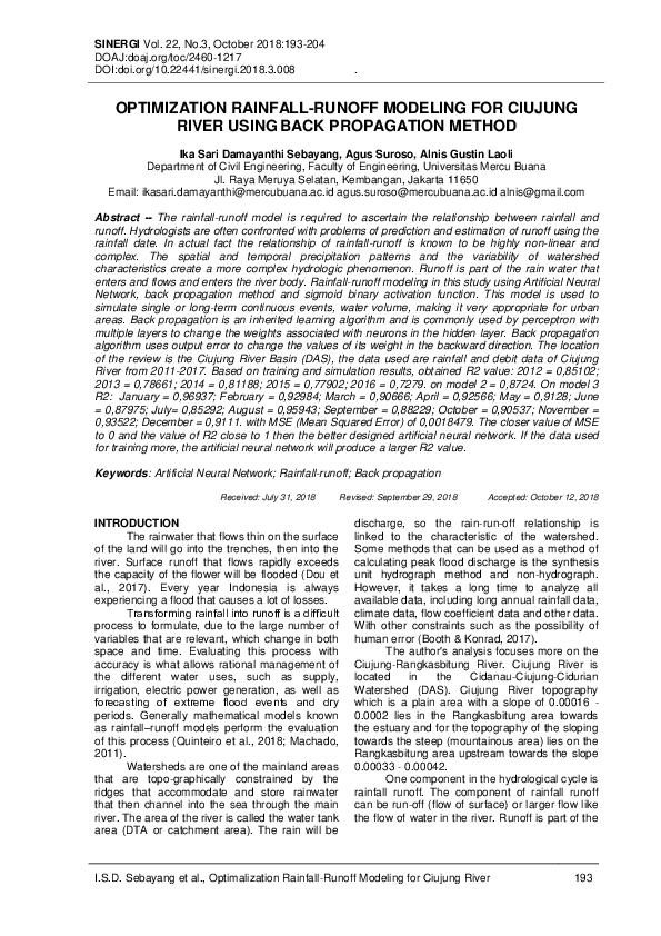 Pdf Optimization Rainfall Runoff Modeling For Ciujung River Using